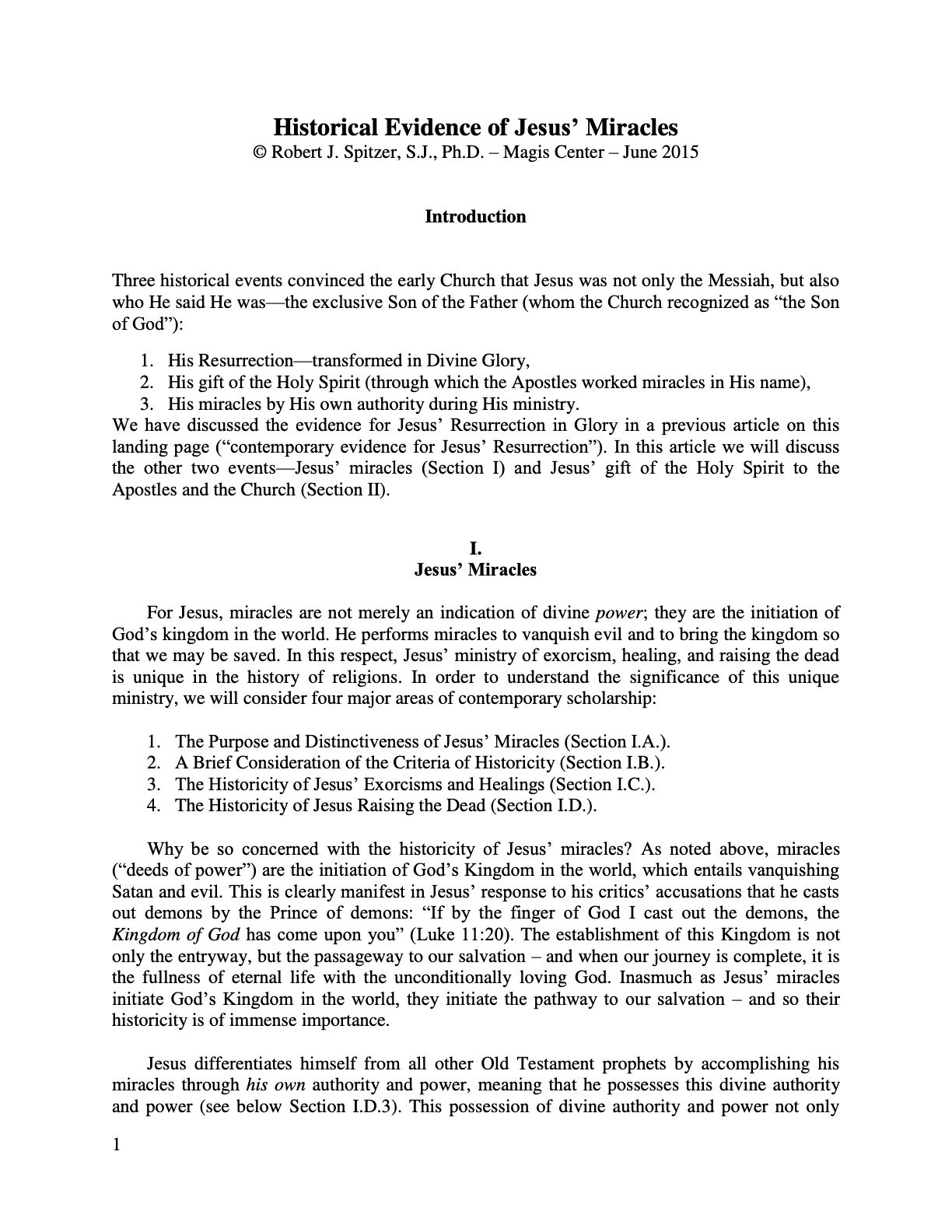 Historical Evidence of Jesus’ Miracles [Spitzer Scholarly Article]